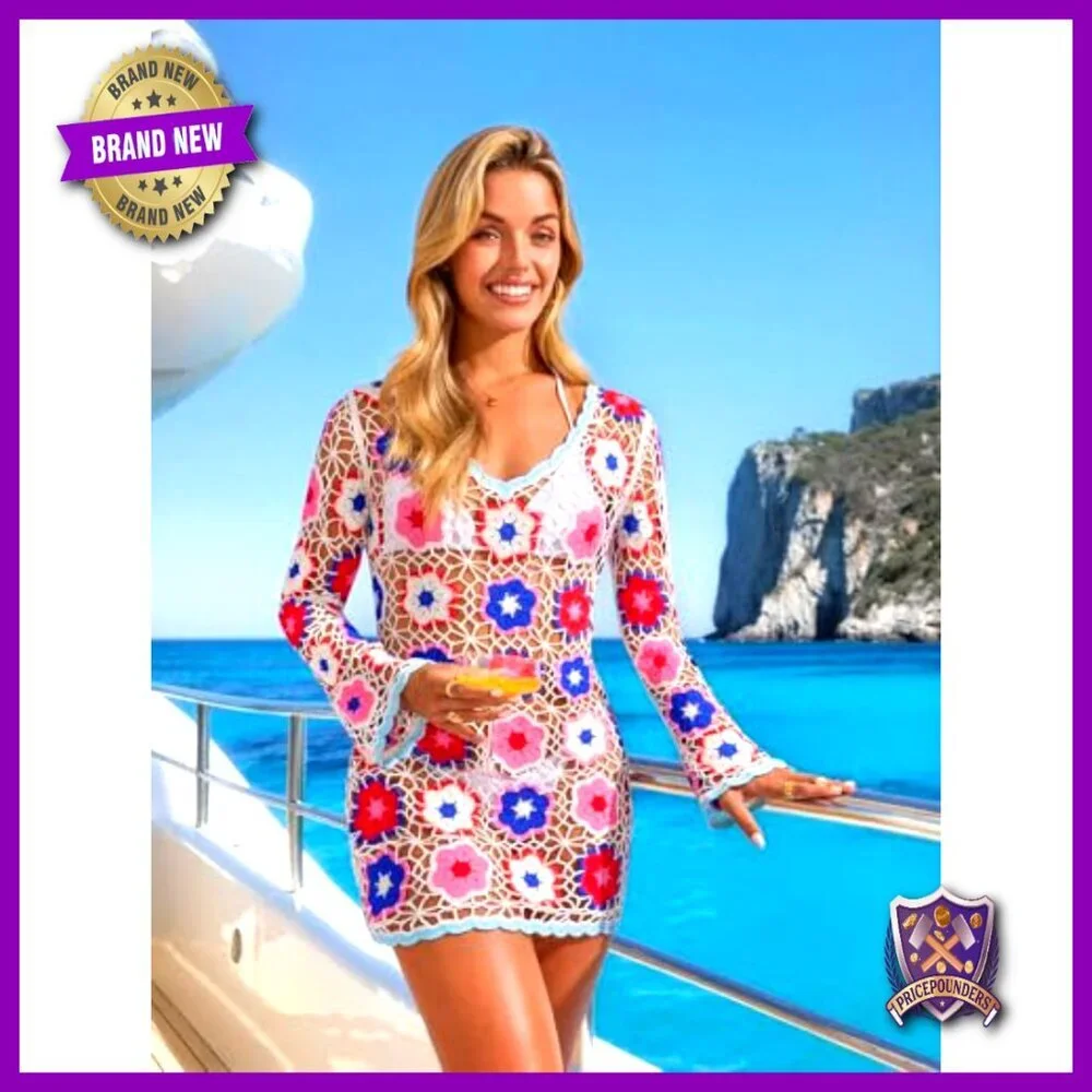 Swim | Crochet Beach Cover Up Dress Boho Bell Sleeve 3d Floral ...
